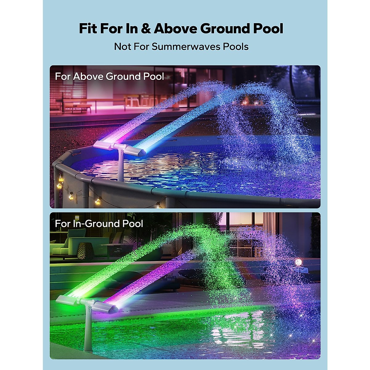 POOLHACKER Pool Fountain with 7-Color LED Lights, Above/Inground Pool Fountain Lights with Remote Control, Adjustable Pool Sprinkler Fountain with Dual Spray Heads, Above Ground Pool Cooling System