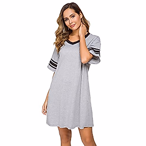 Vslarh Women's Nightgown, Cotton Sleep Shirt V Neck Nightshirts Short Sleeve Loose Comfy Pajamas Dress Casual Sleepwear (Gray, XXL)
