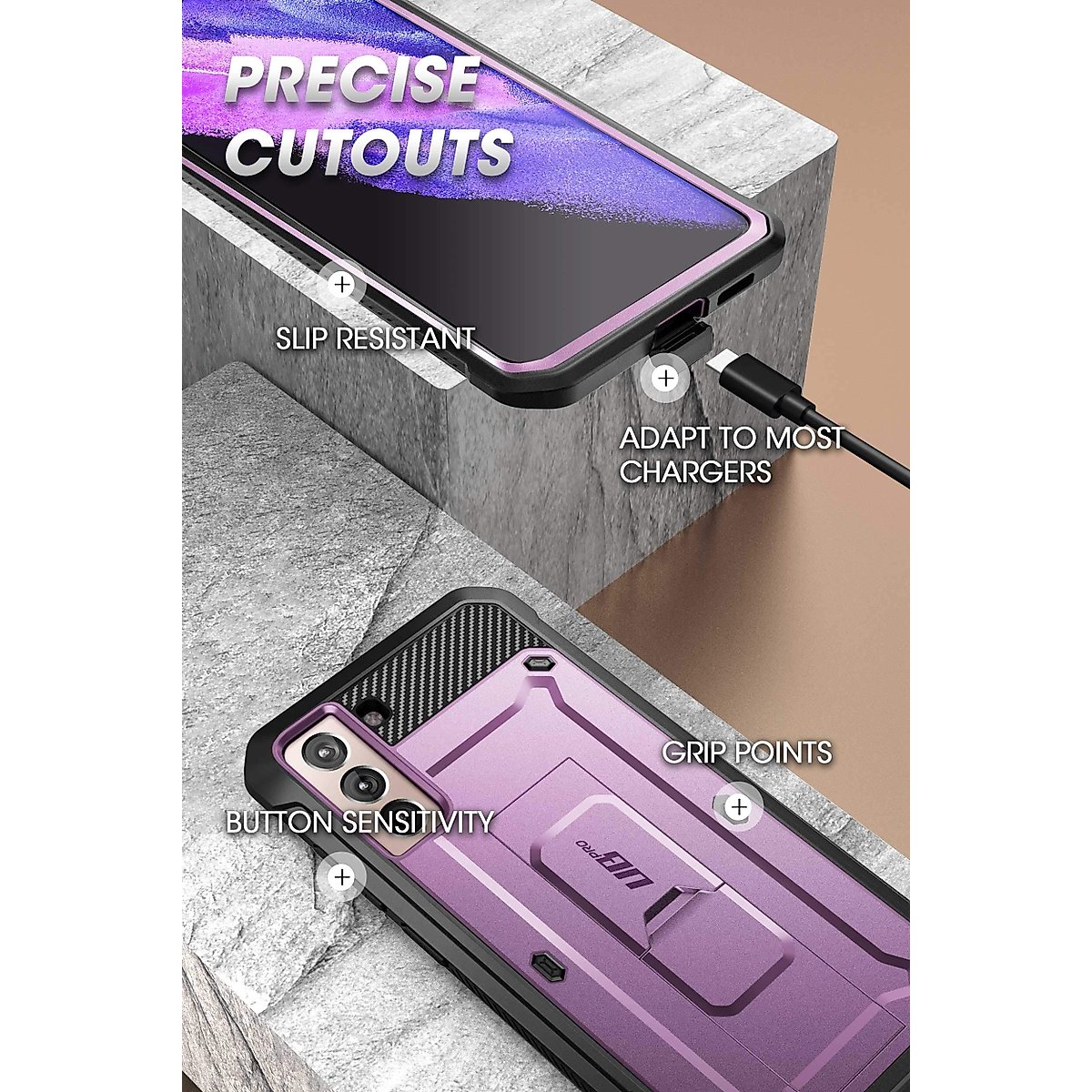 SUPCASE for Samsung Galaxy S21 5G Case with Satnd (Unicorn Beetle Pro), [Built-in Belt Clip] Heavy Duty Shockproof Protective Phone Case without Built-in Screen Protector for Galaxy S21, Violte