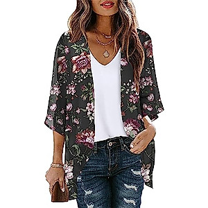 Plus Size Kimono Cardigan for Women 3/4 Sleeve Bohemia Floral Cover Up Trendy Kimonos Casual Dressy Blouse Tops