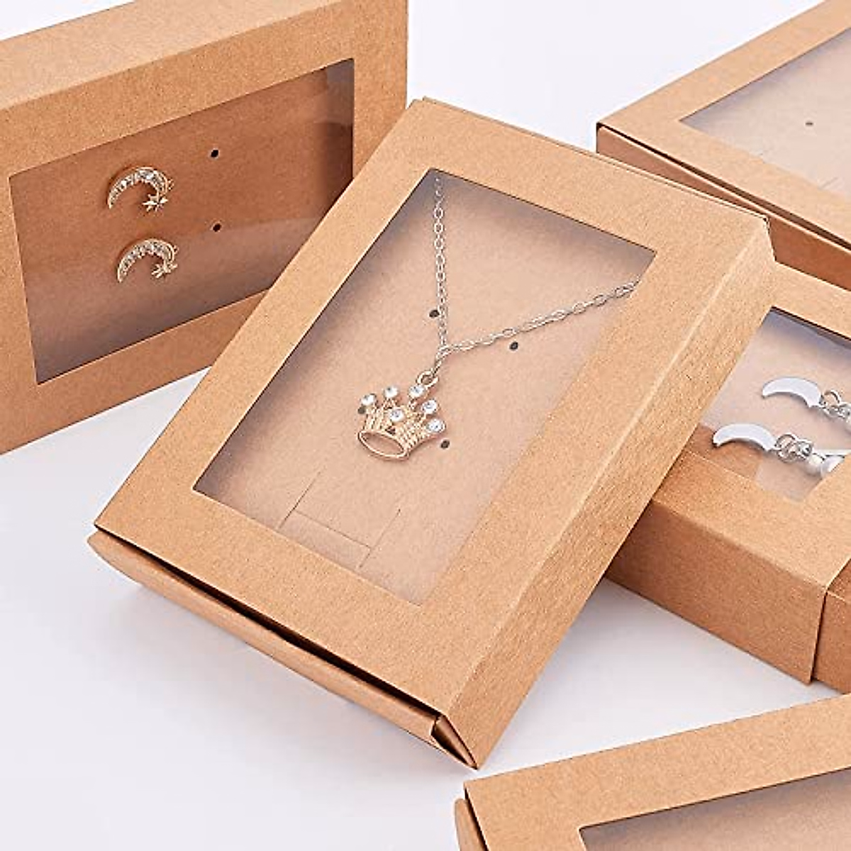 FINGERINSPIRE 16sets 4.5x3.4x1 Inch Jewelry Display Kraft Paper Drawer Box with Clear Window, Jewelry Necklace Boxes Ring Earring Jewelry Gift Boxes in Bulk for Earing Pendants Rings Storage Display