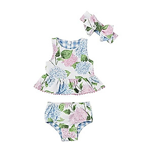 Mud Pie Girls Reversible Swimsuit & Headband Set, Hydrangea/Gingham, 2T