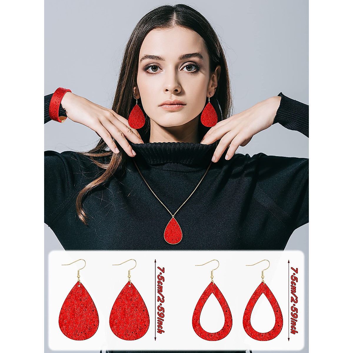 Hicarer Women's Glitter Jewelry Set, Include 2 Pieces Bridal Wedding Multi-Layer Bracelet 3 Pair Faux Leather Dangle Earrings 1 Piece Necklace for Women (Red)