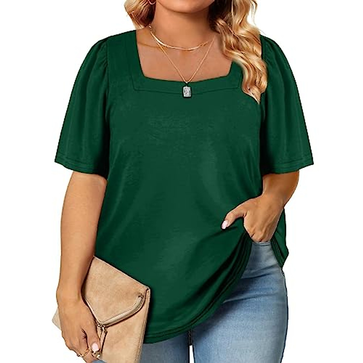 Eytino Womens Plus Size Tshirts Summer Square Neck Puff Sleeve Loose Casual Blouse Tops,2X Green