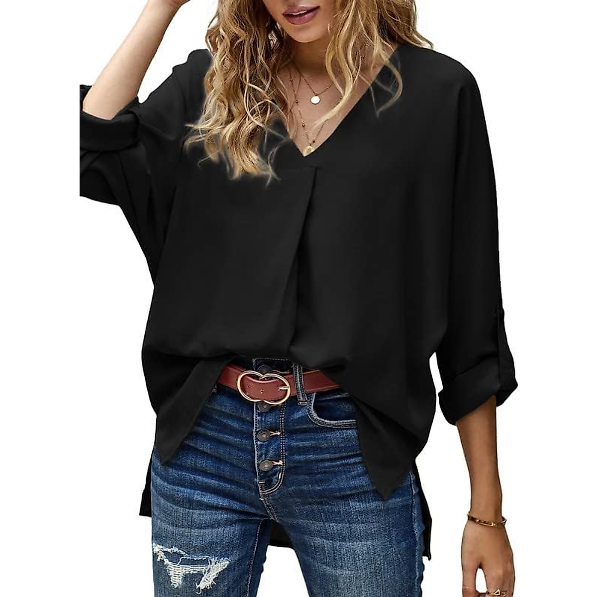 Dokotoo Women Fashion Summer Casual Office V Neck Chiffon Cuffed 3/4 Sleeve Solid Tunic Blouses and Tops for Work T Shirts 2024 Black US 18 20