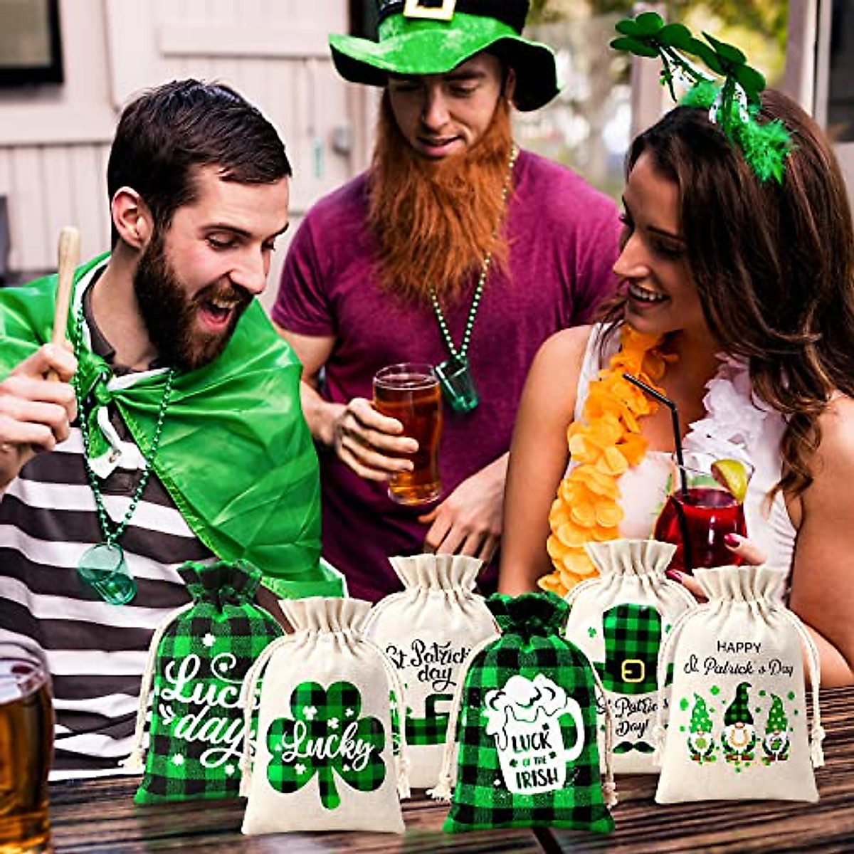 24 Pcs St Patrick's Day Gift Bag with Drawstring Shamrock Cotton Treat Bags Candy Pouch Sacks Irish Party Favor Bag Green Plaid Pouch Bag for Saint Patrick's Day Irish Party Supplies (5 x 7 Inch)