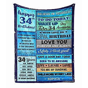 PREZZY 34th Birthday Gifts for Men Throw Blanket Turning 34 Year Old Birthday Decorations Personalized Blankets Vintage Born in 1989 Cozy Soft Fleece Sherpa Blanket Birthday Anniversary Ideas Gift