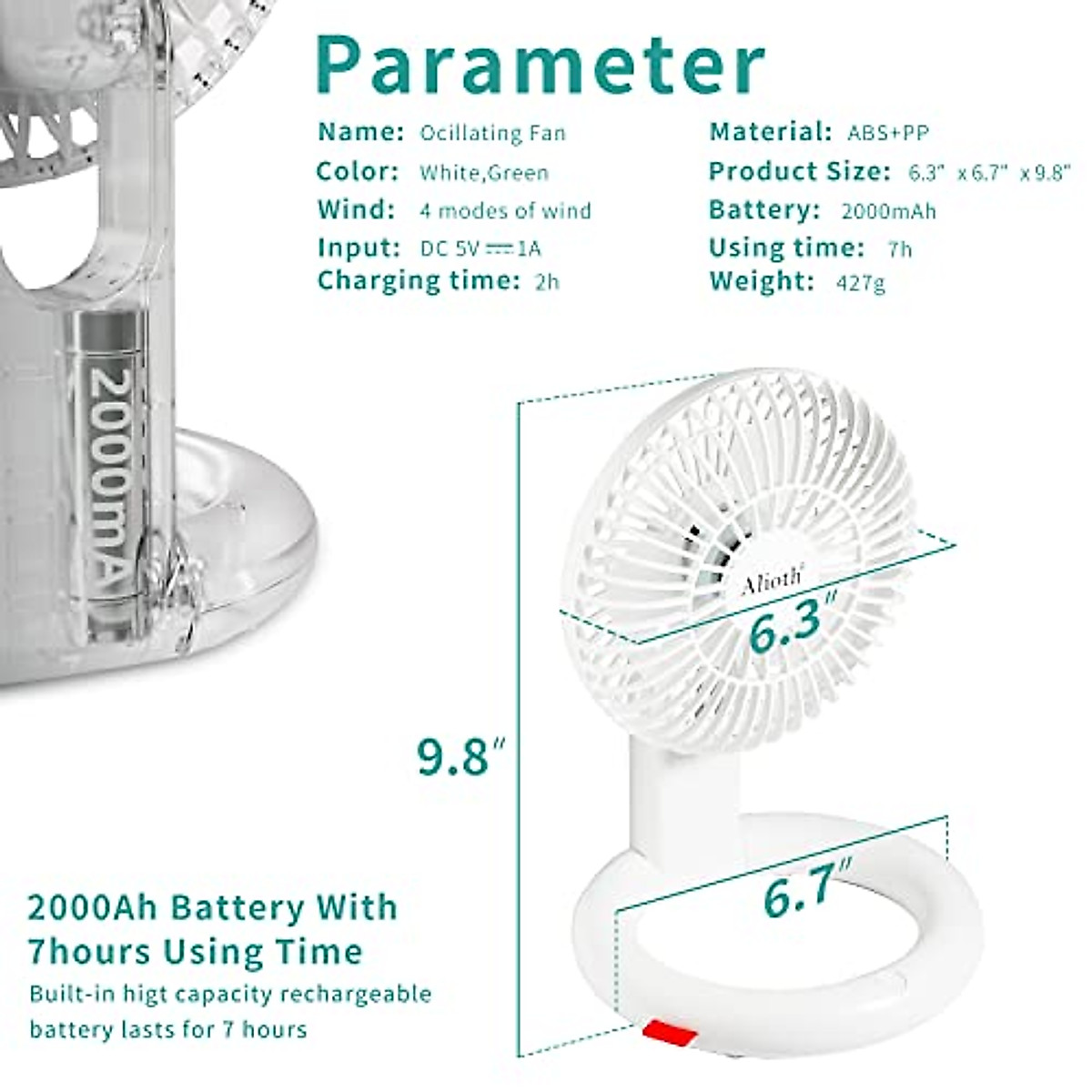 Alioth Mini Oscillating Desk Fan, 4 Speeds USB Powered and Portable Battery Operated Rechargeable Fans, Small Personal Handheld Camping Fan, for Home, Office & Outdoor (White)