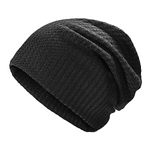 ZLYC Women Fashion Knit Slouchy Beanie Hat Thin Stretch Skull Caps (Solid Black)