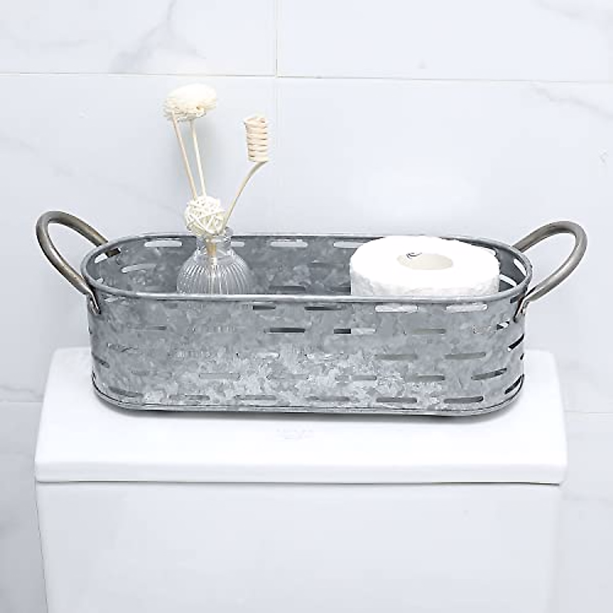 MyGift Rustic Galvanized Metal Storage Basket with Handles, Farmhouse Style Perforated Bathroom Potpourri Holder, Toiletries Organizer Bin - Handcrafted in India