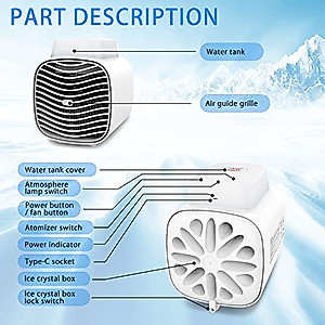 2022 Portable Air Conditioner, USB Rechargeable 3 Speeds Personal Evaporative Air Cooler Cooling Desktop Humidifier Fan with Blue Atmosphere Light for Room/Office/Desk/Nightstand/Camping (Style 04)