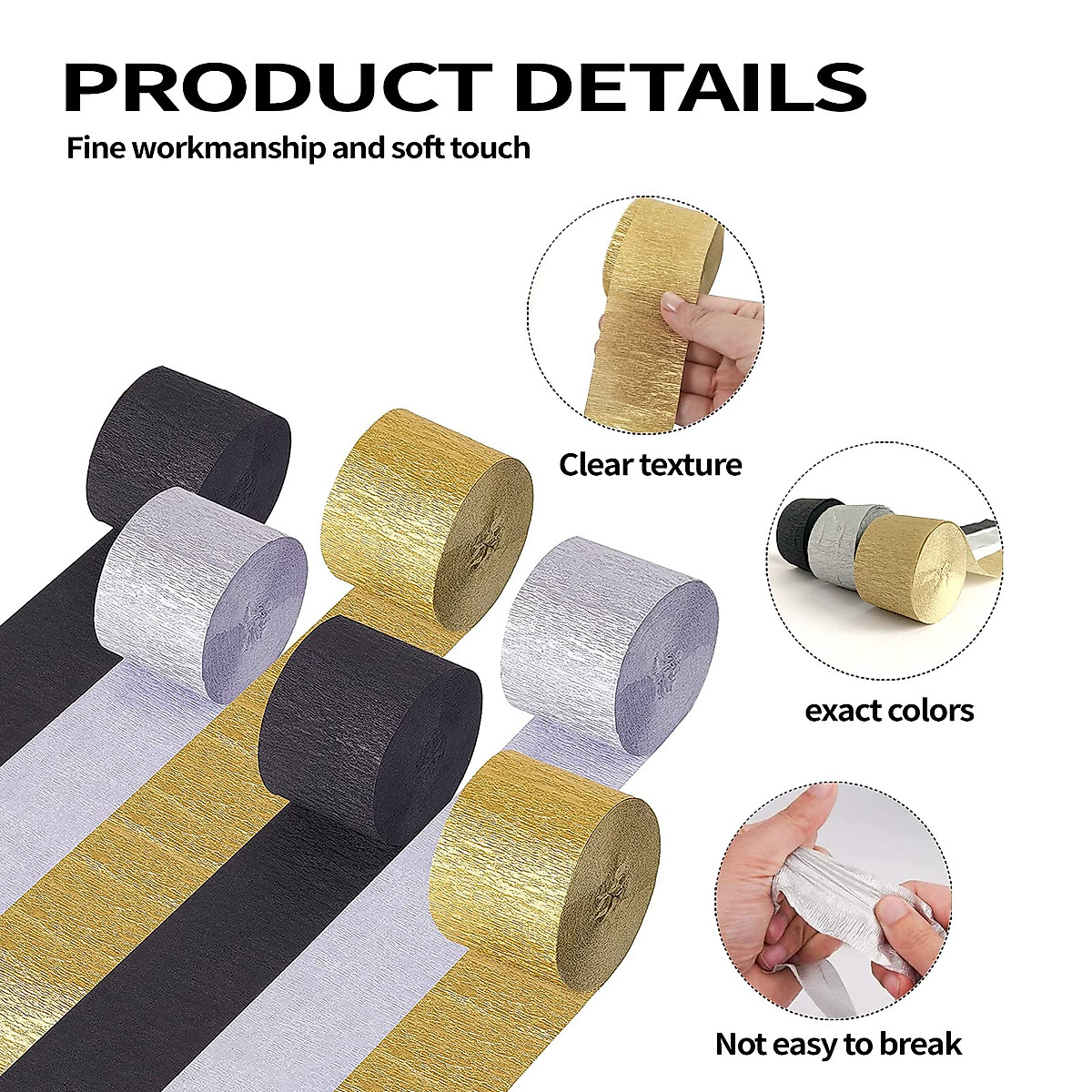 Crepe Paper Streamers 6 Rolls 492ft, Pack of 2 Gold, 2 Silver, 2 Black - Streamers Party Decorations Streamers (1.8 Inch x 82 Ft/Roll),for Party Decorations Birthday Decorations, Wedding Decorations