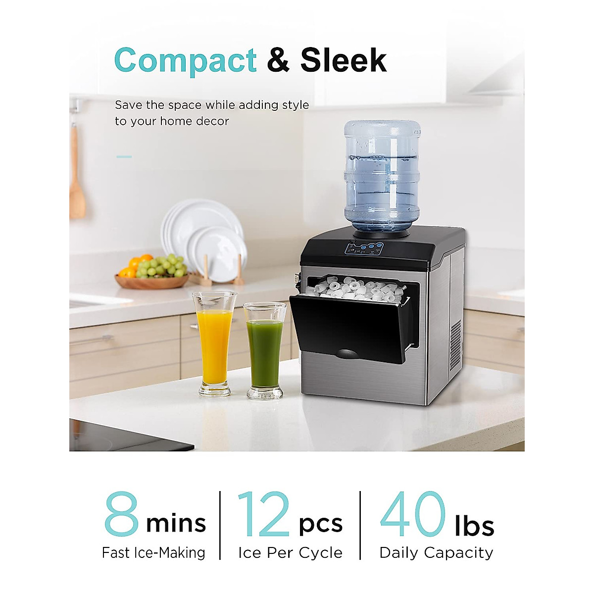2 in 1 Ice Maker Countertop, 48LBS/24H Automatic Ice Stainless Steel Machine with Water Dispenser, ready in 8 Minutes, with Ice Scoop and 2.6 lb Ice Storage