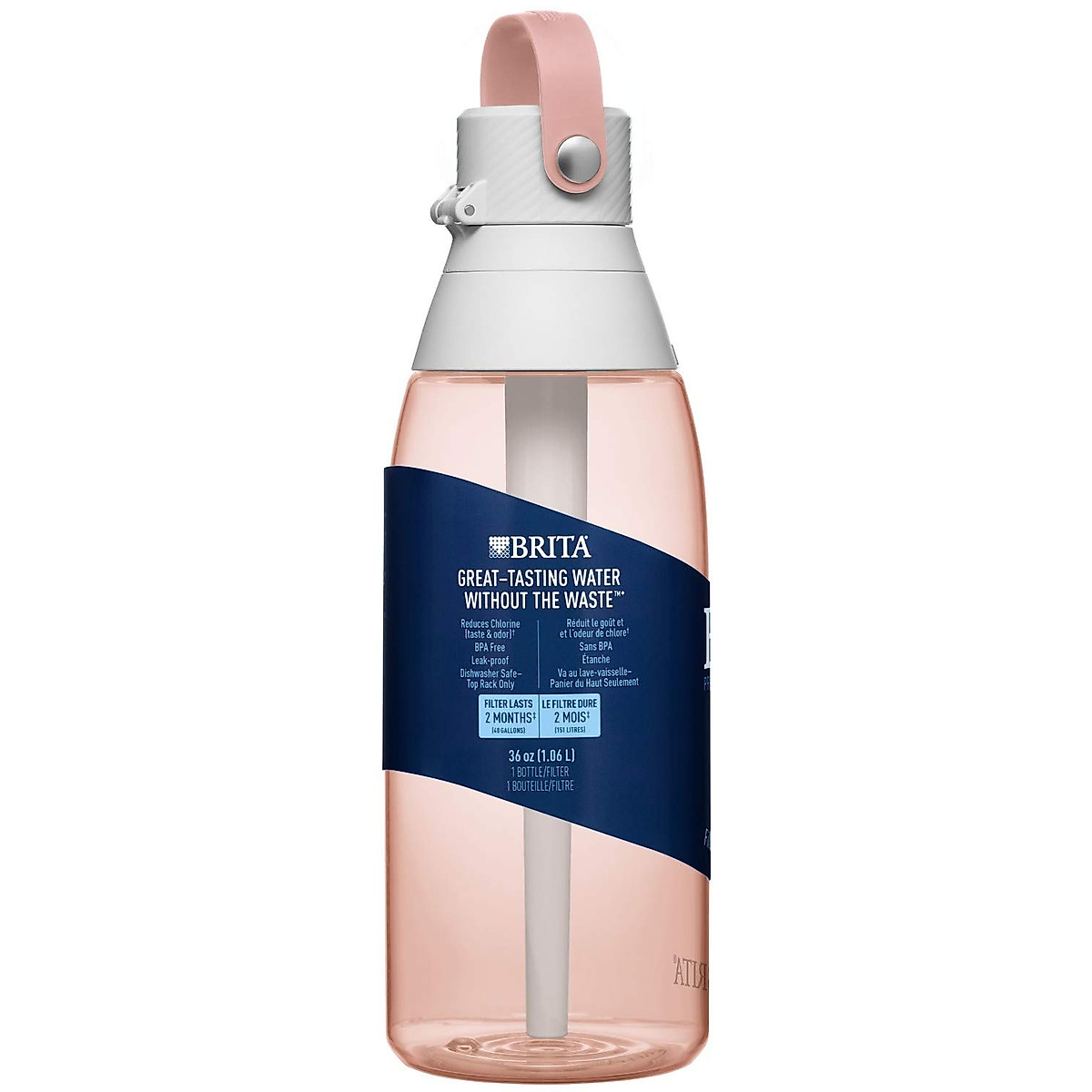 Brita Insulated Filtered Water Bottle with Straw, Reusable, BPA Free Plastic, Blush, 26 Ounce