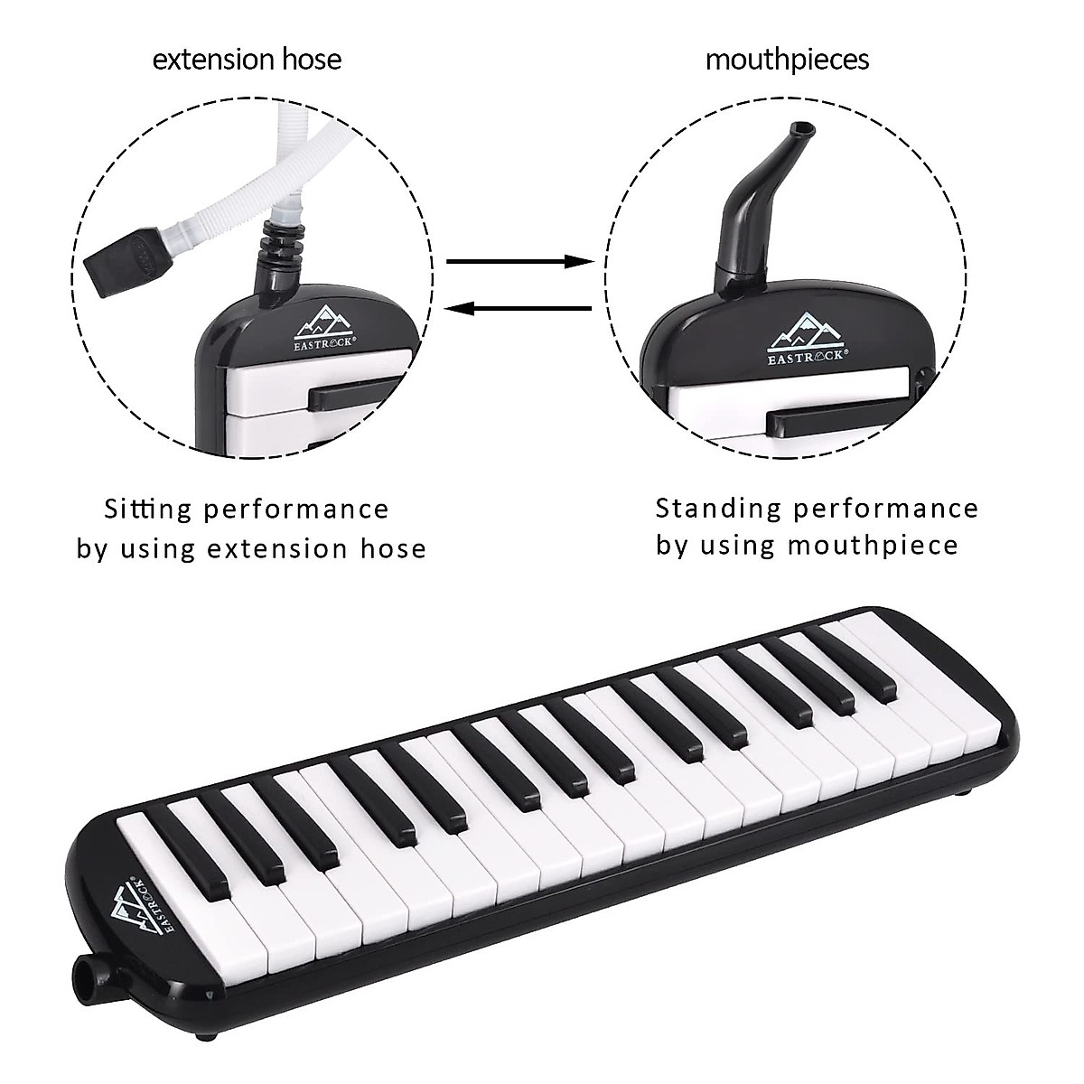EASTROCK 32 Key Melodica Instrument Air Piano Keyboard Soprano Melodica with 2 Mouthpieces Tube Sets, Carrying Bag for Kids Beginners Adults Gift, Black
