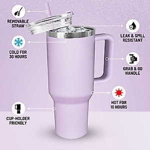 Crave Cups 40oz Tumbler with Lid and Straw l Reusable Spill Proof Double Wall Insulated Stainless Steel Water Bottle Travel Mug l Cupholder Friendly Vacuum Sealed Tumbler with Handle (Lavender)