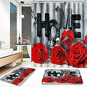 ENYORSEL 3Pcs Bathroom Sets, Red Rose Shower Curtain Set with Rugs, Incl 71'' x 71'' Waterproof Polyester Shower Curtain with 12 Hooks, 2Pcs 30'' x 18'' Non Slip Bath Mats for Romantic Bathroom Decor