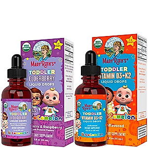 USDA Organic Cocomelon Elderberry Syrup for Toddlers & Cocomelon Vitamin D3 K2 Liquid Drops for Toddler Bundle by MaryRuth's | Immune Support | Calcium Absorption | Strong Bones | Vegan | Gluten Free
