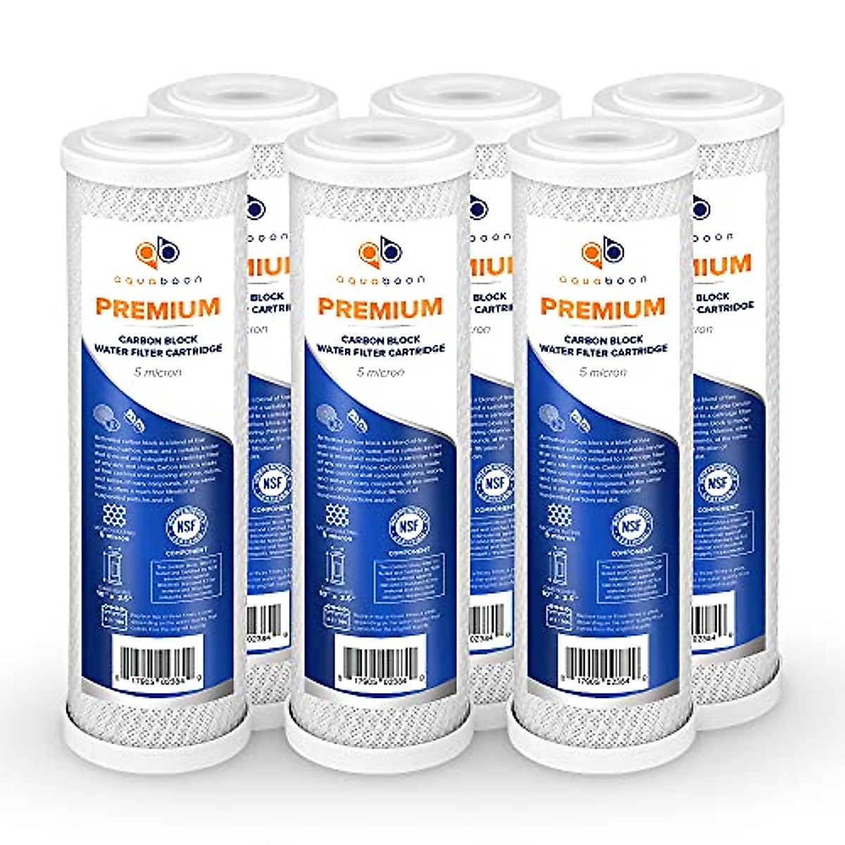 Aquaboon Universal 5 Micron 10 x 2.5 inch Cartridge | Premium Whole House Replacement Water Filter Cartridge | Coconut Shell Activated Carbon Block CTO | Compatible with Whirlpool WHA2BF5, 6 Pack