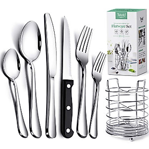 Teivio 24-Piece Stainless Steel Flatware Cutlery Set and 4 steak knife, Silverware Utensil Set with Countertop Caddy, Service for 4, Include Knives/Forks/Spoons, Mirror Polished