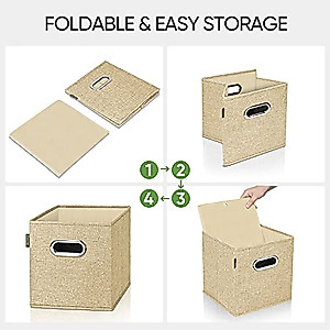 BALEINE Premium Foldable Cube Storage Bins, Collapsible Linen Fabric Cube Organizer with Aluminum Handles, 10.5" x 10.5" x11" Heavy Duty Cube Baskets, Beige 4 Pack