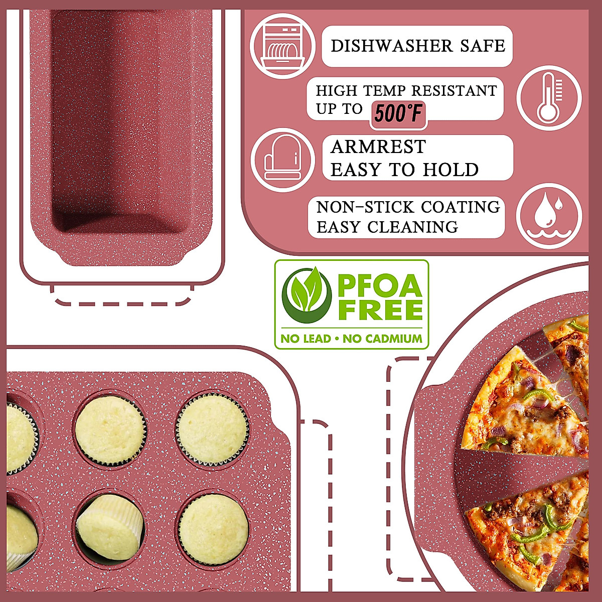 HIPTABLY Baking Sheet Pan Set, Oven Bakeware Set, Nonstick Baking Pans Set with Cooling Rack Stackable Muffin Pan, Cupcake Pan, Dishwasher Safe Carbon Steel Bake Set (Pizza Set)