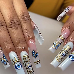 Fall Press on Nails Long Square Fake Nails with Eyeball and Butterfly Designs Acrylic Nails Autumn Glossy False Nails White Glue on Nails for Women 24PCS