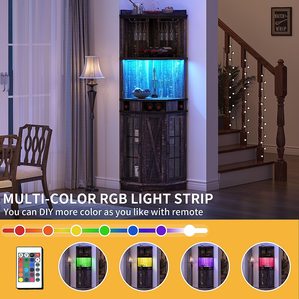 DWVO Corner Bar Cabinet with Glass Door & LED Lights, 72" Tall Farmhouse Liquor Cabinet Bar with Glass & Wine Holder, 6-Tiers Alcohol Cabinet for Dining Room, Living Room, Kitchen, Dark Rustic Oak