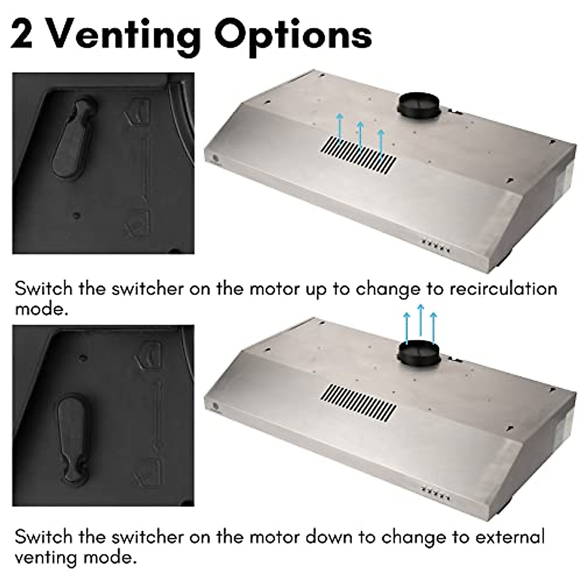 Slim Under Cabinet Range Hood in Stainless Steel, 36 Inch, Ducted Ductless Convertible Kitchen Hood, Dual-motor Exhaust Fan, Top and Rear Vent, 3-Speed, LED Lights, HTH HTHOMEPROD