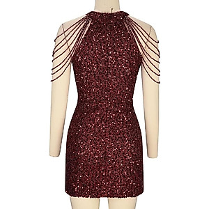 KELYWELL Women's Sequins Halter Neck Bodycon Mini Dress Sleeveless Tassel Glitter Slim Fitted Party Cocktail Short Dress (02 Wine Red,XX-Large)