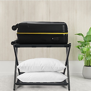 ALAPUR Folding Luggage Rack for Guest Room,Bamboo Suitcase Stand Holder with Shelf for Home Hotel Bedroom,Black