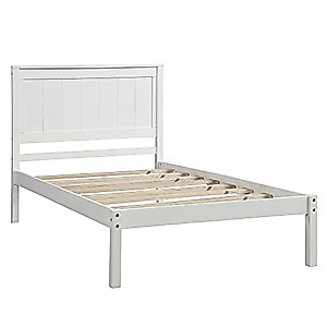 P PURLOVE Twin Size Platform Bed Frame with Headboard, Wood Platform Bed with Slat Support, No Box Spring Needed, White