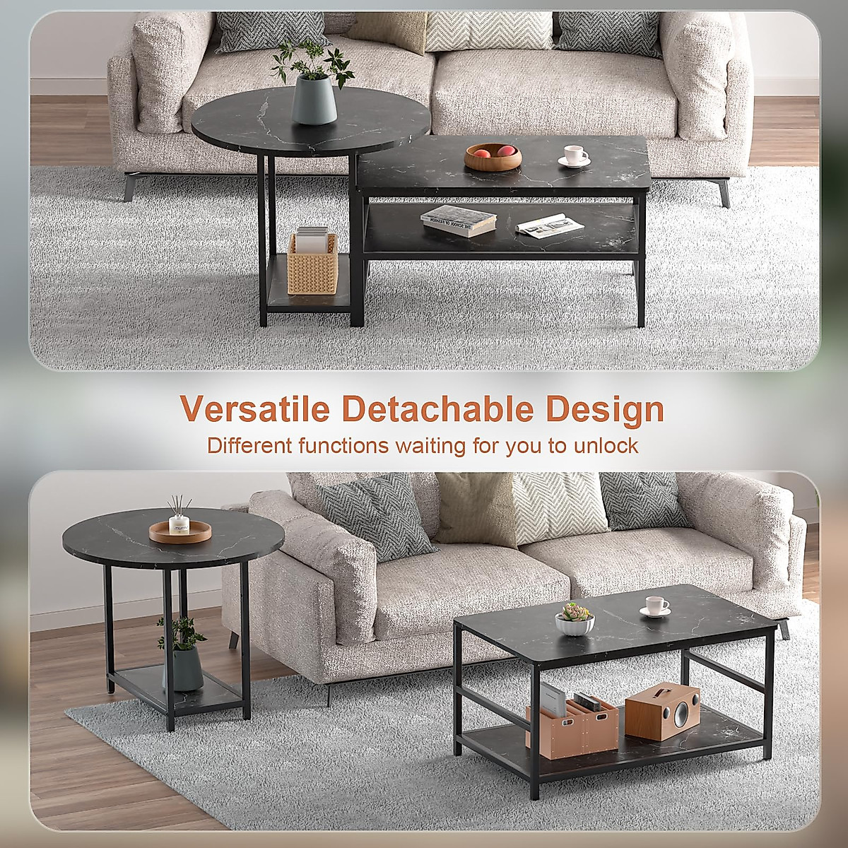 WOHOMO Coffee Table, Black Modern Coffee Tables for Living Room 2 in 1Detachable Small Center Table Set with Storage, Black Marble