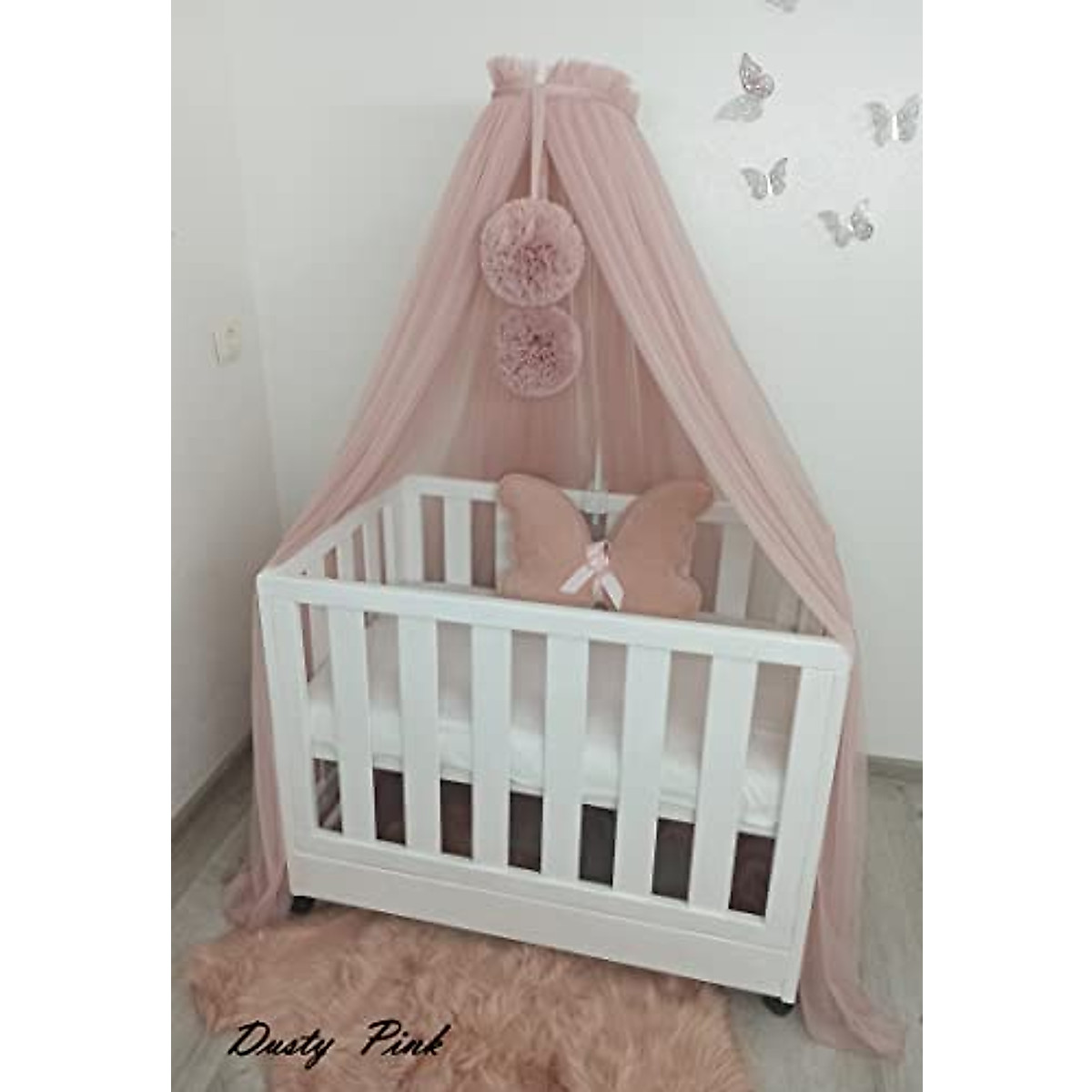 Soft canopy for nursery with holder and pompoms, Kids hanging tent for bedroom, Bed canopy, crib canopy, baby room decor, Nook baldachin (Dusty Pink)