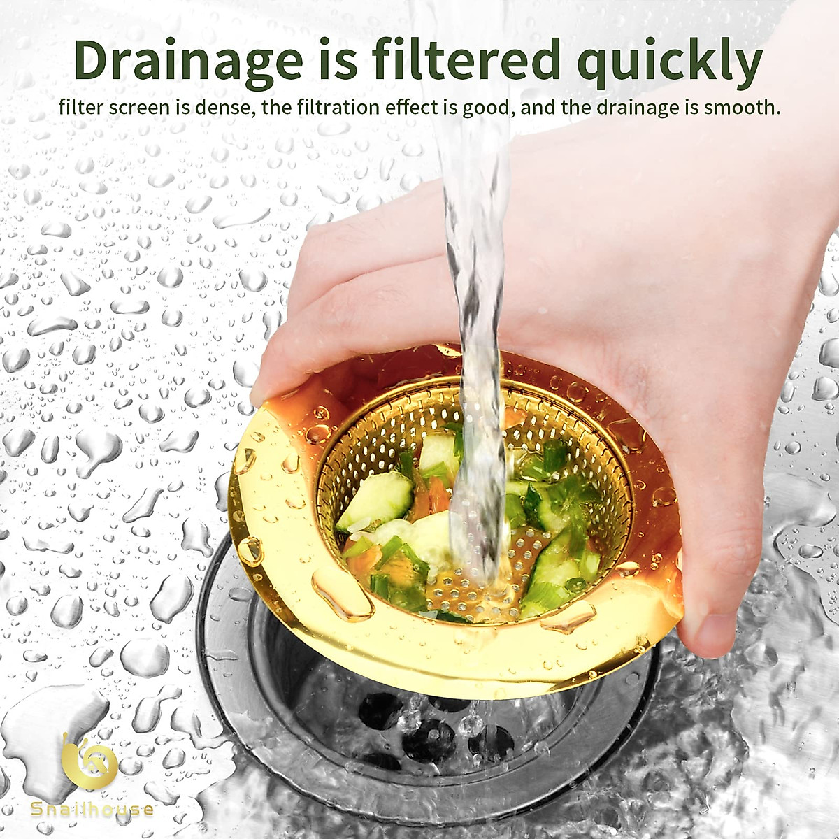 Snailhouse Kitchen Sink Strainers, 2 Pack Stainless Steel Mesh Sink Drain Basket Food Catcher, Large Wide Rim of 4.5 Inches Diameter, Gold