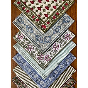 Napkins, Kitchen Towels, Table Decor, Table Linen, Cotton Cloth Border Napkins, Size 20"x 20", Hand Block Print Lunch, Dinner Napkins (Mix Border Napkin, Set of 8-20x20 Inch)