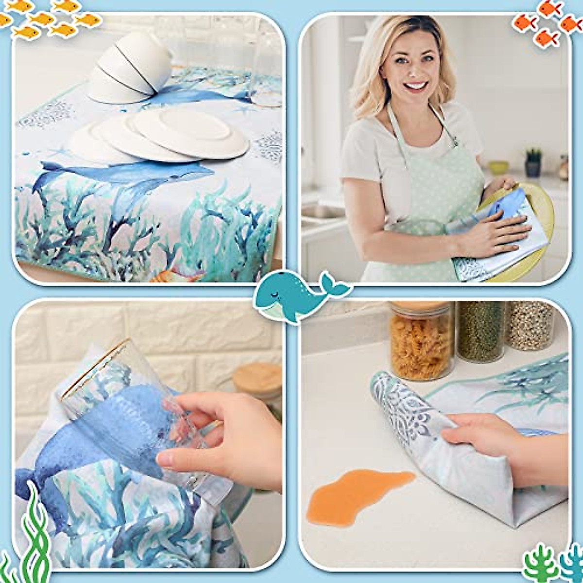 4 Pack Sea Kitchen Towels Beach Dish Towels for Kitchen Turtle Towels Hand Towels Ocean Animal Nautical Dish Cloths Kitchen Tea Towels for Cleaning, Drying (Ocean)