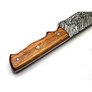 Nooraki REG-48 Hunting/Skinner Damascus Steel Handmade Knife 11 Inches Full Tang with Leather Sheath, Olive Wood