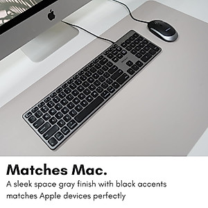 Macally Backlit Mac Keyboard Wired - Quiet, Sleek, and Functional - 3 Brightness Levels, 107 Keys - 5ft USB Wired Apple Keyboard - Backlit Wired Keyboard for Mac, iMac, MacBook Pro/Air - Space Gray