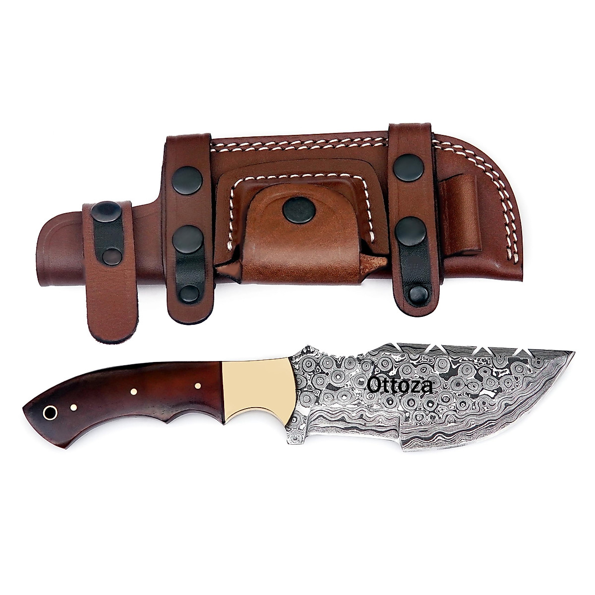 Ottoza Tracker Knife & Bone Handle - Damascus Hunting Knife - Horizontal Carry Knife Sheath 256