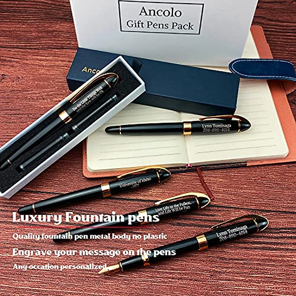 Ancolo Custom Black Fountain Pens-Luxury Refillable Elegant pens- with Extra10 Black Ink Refill, Engraved Personnal Name/Slogan/Phone Number, Perfect for Bank, Office, Hotel Lobbies 5 PCS/Pack