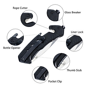 ALBATROSS Classic Multifunction Pocket Folding Knife with Bottle Opener、Glass Hammer and Rope Cutter, Satin Coated Blade and Aluminum Handle，AS-23265 (Black)