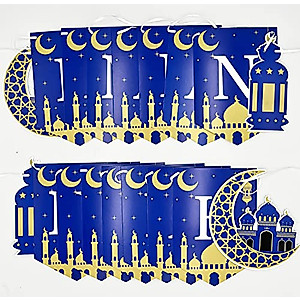 JOZON Ramadan Mubarak Banner Muslim Ramadan Mubarak Bunting Banner Garland with Lantern Moon Castle Sign Eid Mubarak Festival Celebration Party Decorations for Mantle Fireplace Wall Party Supplies
