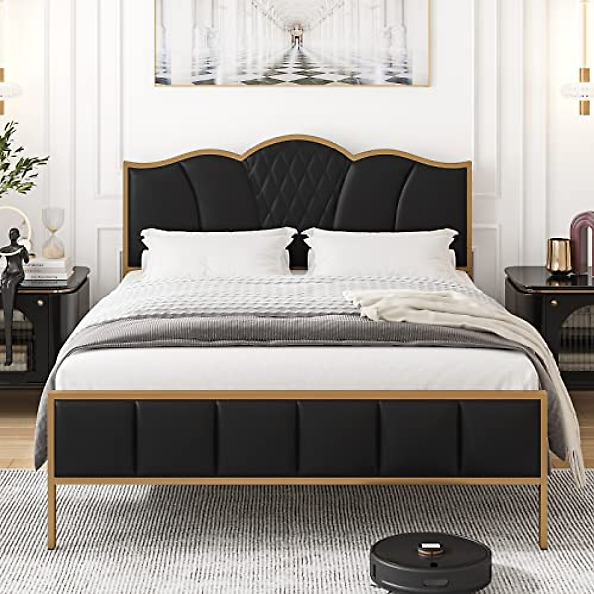 HITHOS Full Size Modern Upholstered PU Bed Frame with Tufted Headboard, Heavy Duty Platform Bed with Wood Slat Support, Noise Free, No Box Spring Needed (Black)