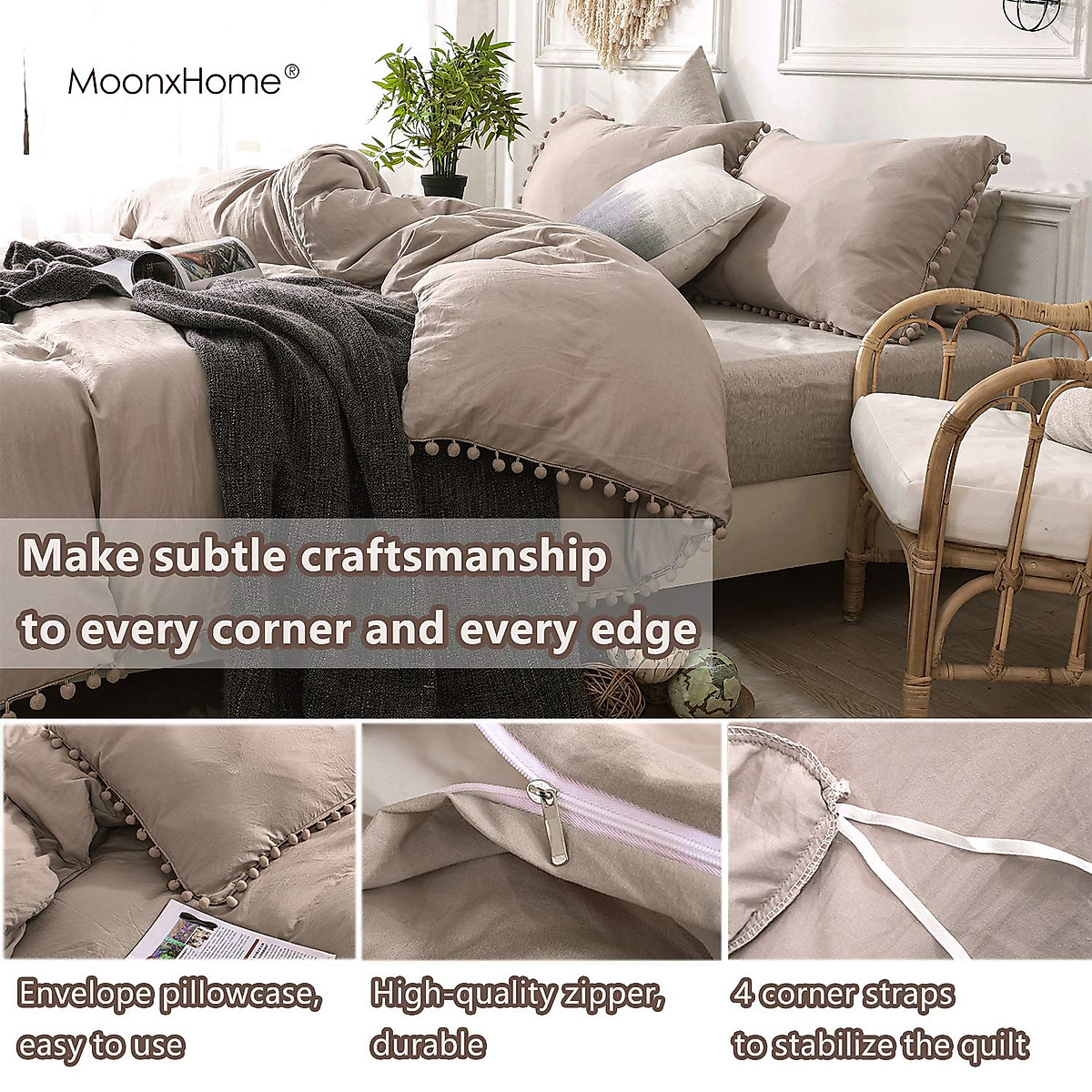 MoonxHome Duvet Cover Set Queen Size Boho Aesthetic Comforter Cover Bed Set Ball Pom Poms Fringe Luxury 100% Super Soft Microfiber 3 Piece Duvet Cover Set Includes 2 Pillow Shams Tawny