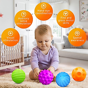 Montessori Toys for Babies 3 Months+, Baby Balls 3 to 12 Month for Babies & Toddlers 3M+, Textured Multi Ball Set Colorful & Soft Squeezy Sensory Toys. Stress Relief Balls for Infant (4 Pack)