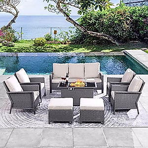 8-Piece Outdoor Patio Furniture Set with 44" Gas Fire Pit Table, PE Wicker Patio Conversation Sets Cushioned Seat Couch Outdoor Sectional Chair Sofa Set with Thick Cushions for Yard Garden Porch