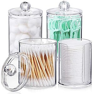AOZITA 4 Pcs, 10 OZ Qtip Holder Dispenser for Cotton Ball, Cotton Swab, Cotton Round Pads, Floss - Clear Plastic Apothecary Jar Set for Bathroom Canister Storage Organization, Vanity Makeup Organizer