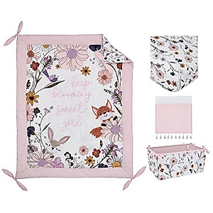 NoJo Keep Blooming Pink, White, Purple and Gold, Flowers, Fox, Bunny and Birds "Keep Blooming Sweet Girl" 4 Piece Nursery Crib Bedding Set - Comforter, 100% Cotton Fitted Crib Sheet, Crib Skirt