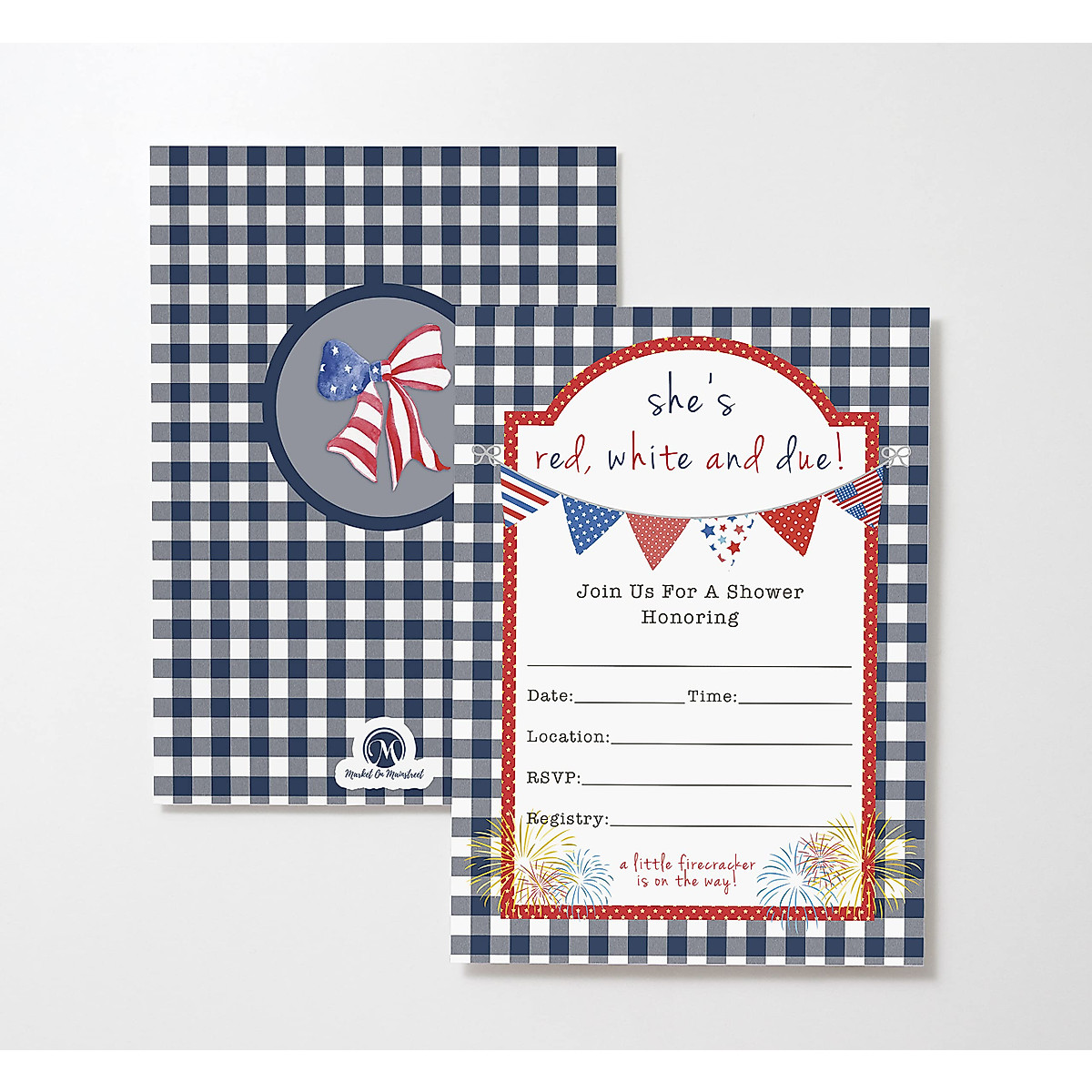 M Market On Mainstreet Red, White & Due Baby Shower Invitations, Books For Baby & Diaper Raffle & Thank You Cards (Invitations)